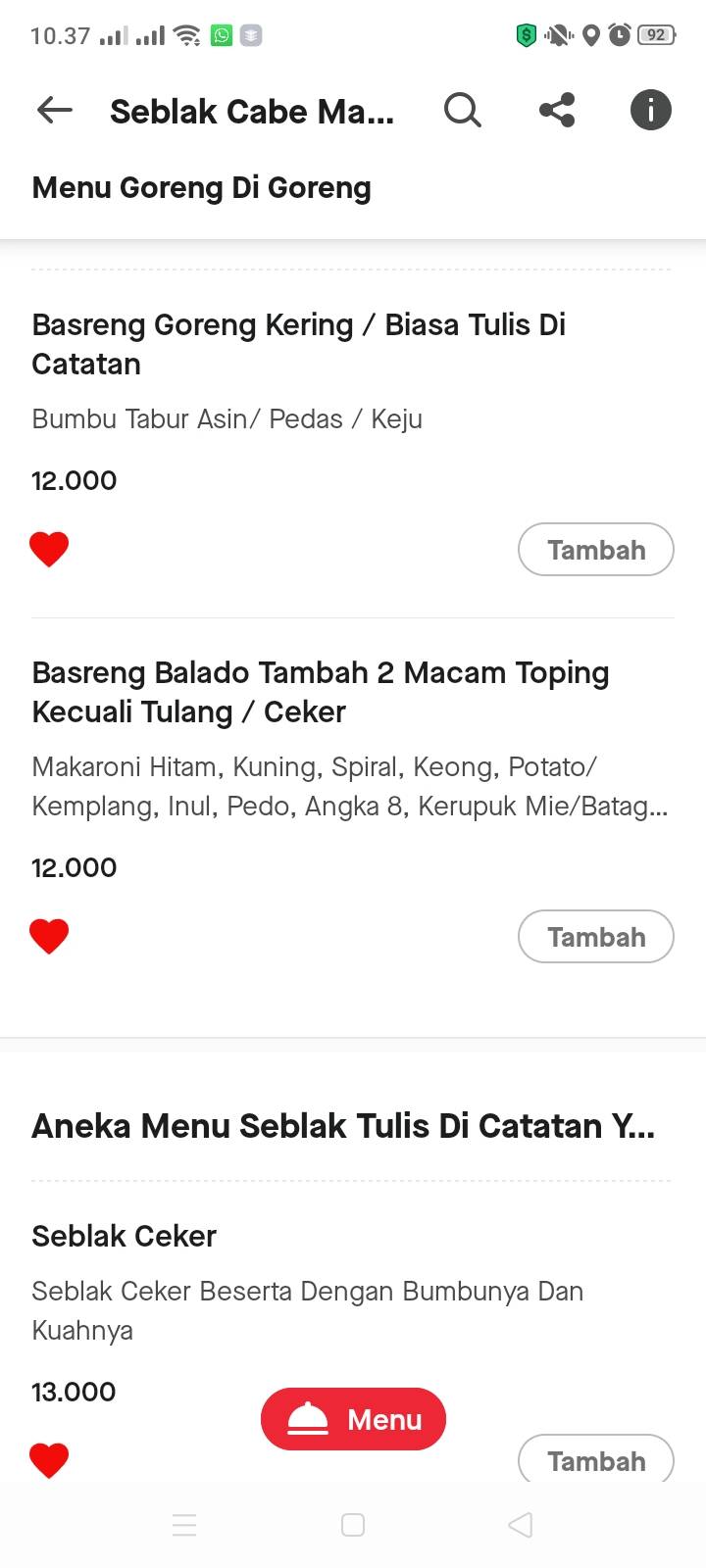 Menu at Seblak Cabe Mama restaurant, Bandung