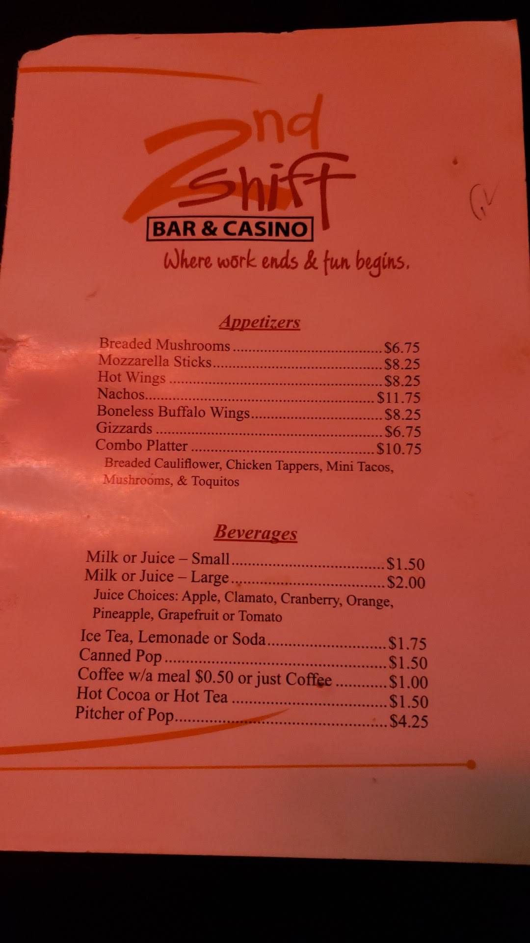 Menu at Second Shift pub & bar, Billings, 934 US-87