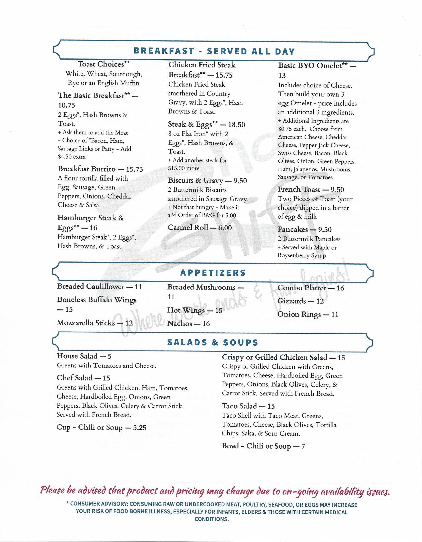 Menu at Second Shift pub & bar, Billings, 934 US-87