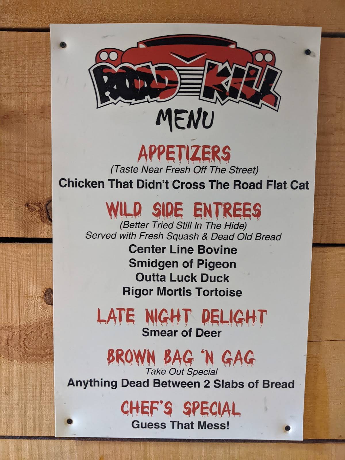 Menu at The Roadkill Cafe/O.K. Saloon, Seligman