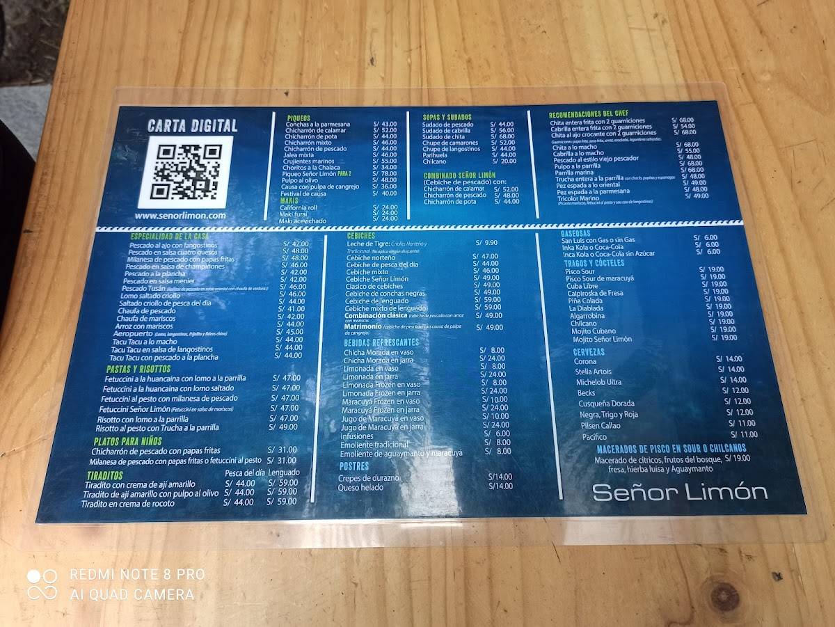 Carta del restaurante Señor Limón, Lince, Av. Guillermo Prescott 415