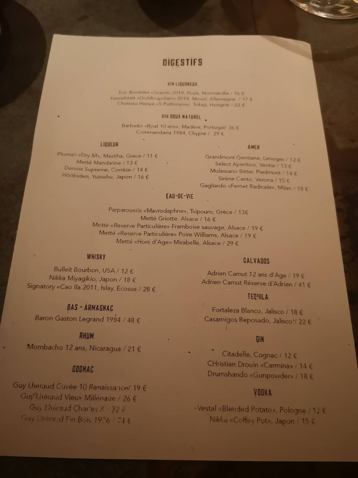 Menu au Shabour restaurant, Paris