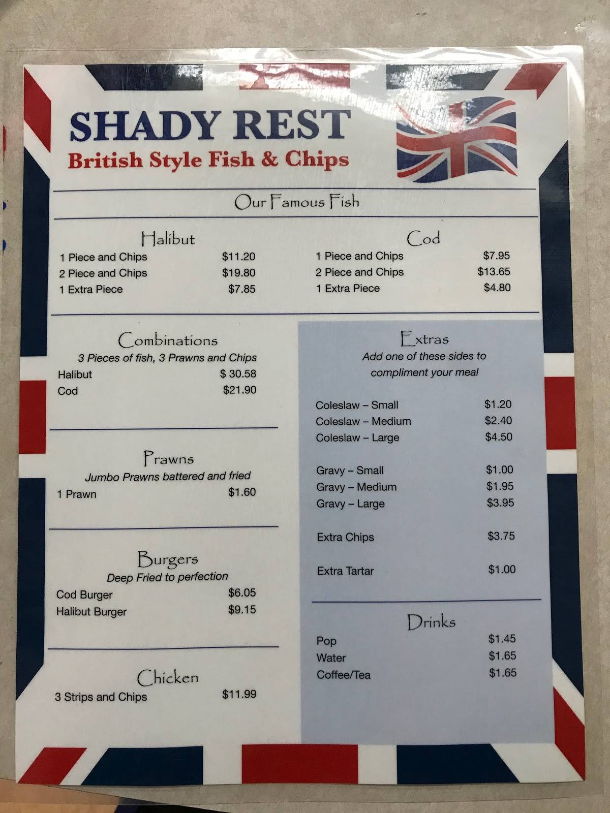 Menu at Shady Rest Fish & Chips restaurant, Kelowna