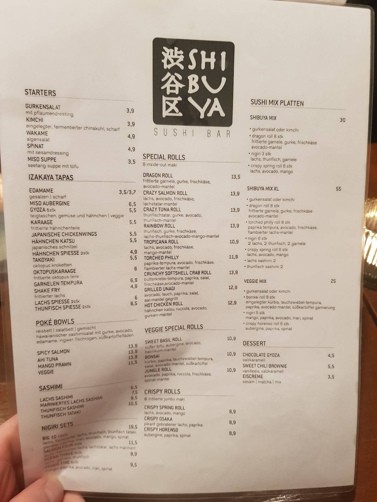 Menu at Shibuya restaurant, Cologne