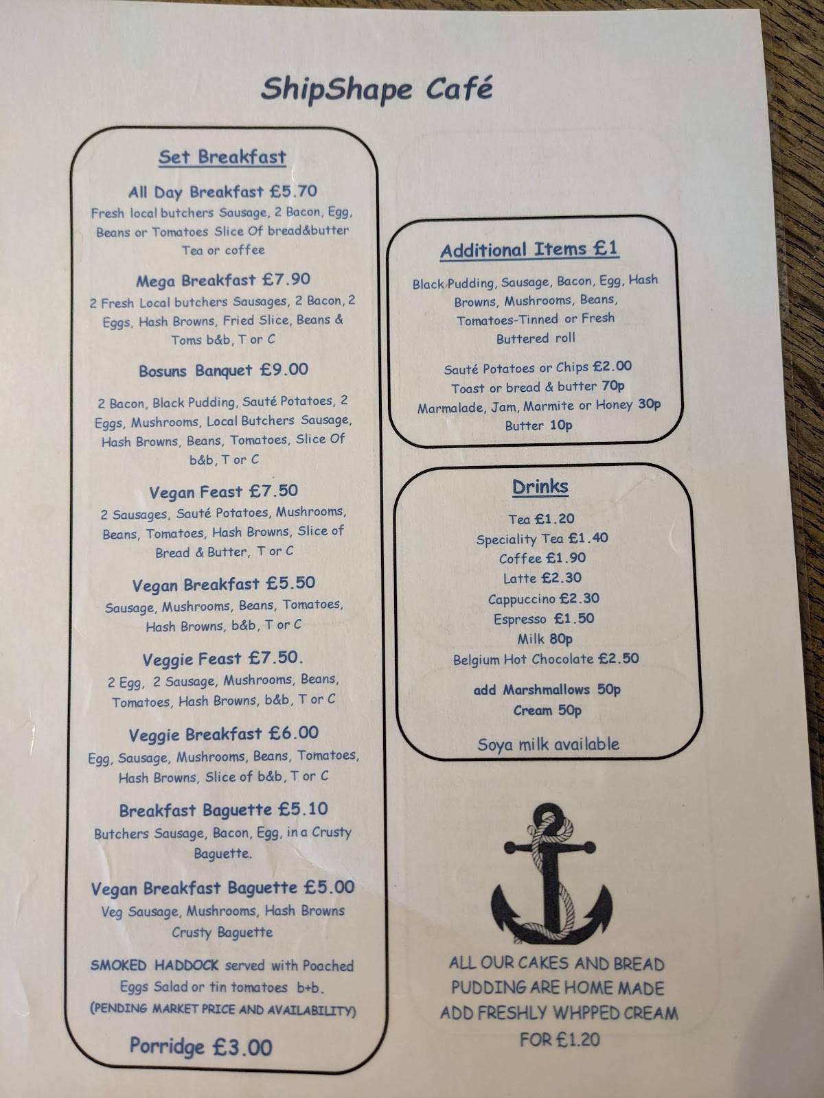 Menu at Ship Shape Cafe Bar, Ramsgate