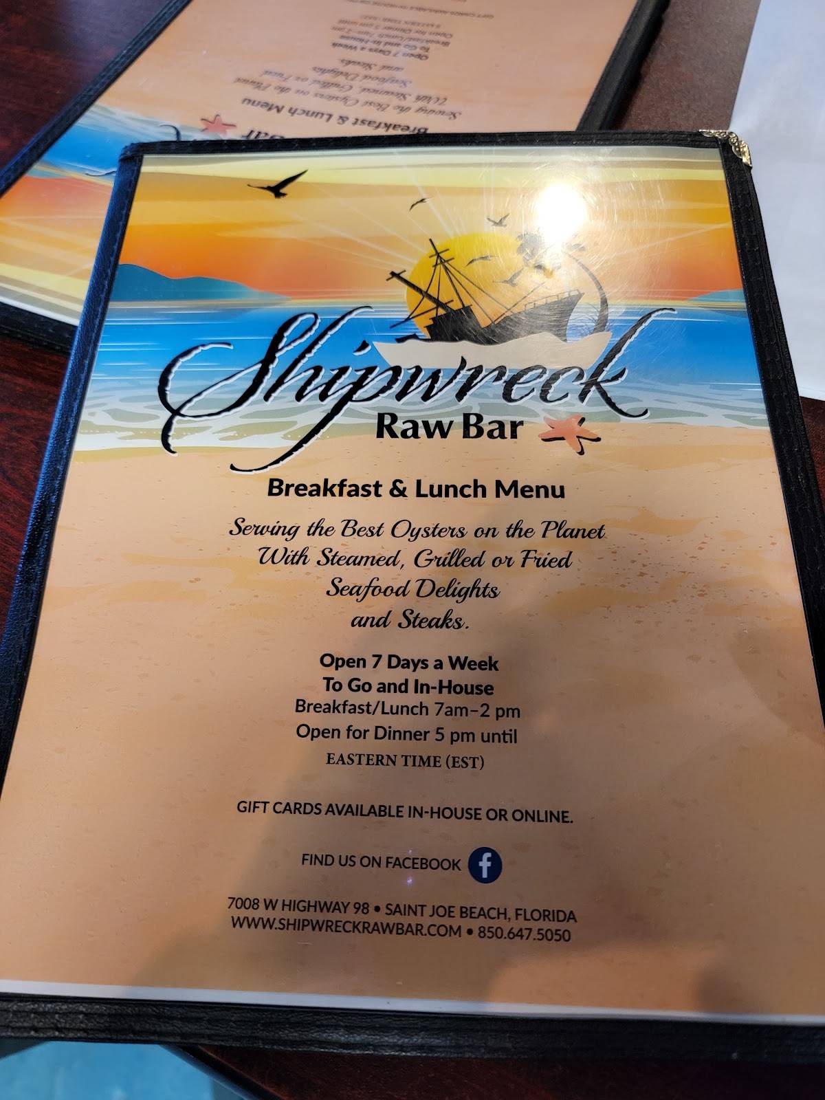Menu at Shipwreck Raw Bar, Mexico Beach