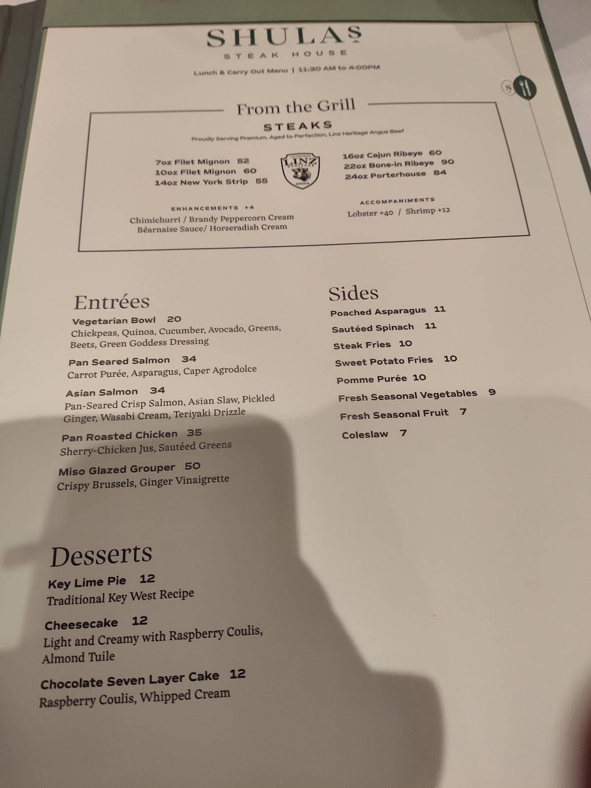 Menu at Shula's Steak House steakhouse, Naples