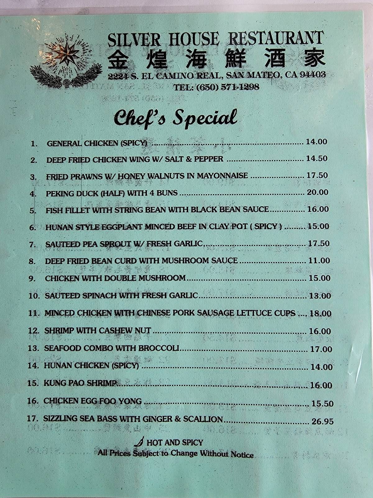 Menu at Silver House restaurant, San Mateo