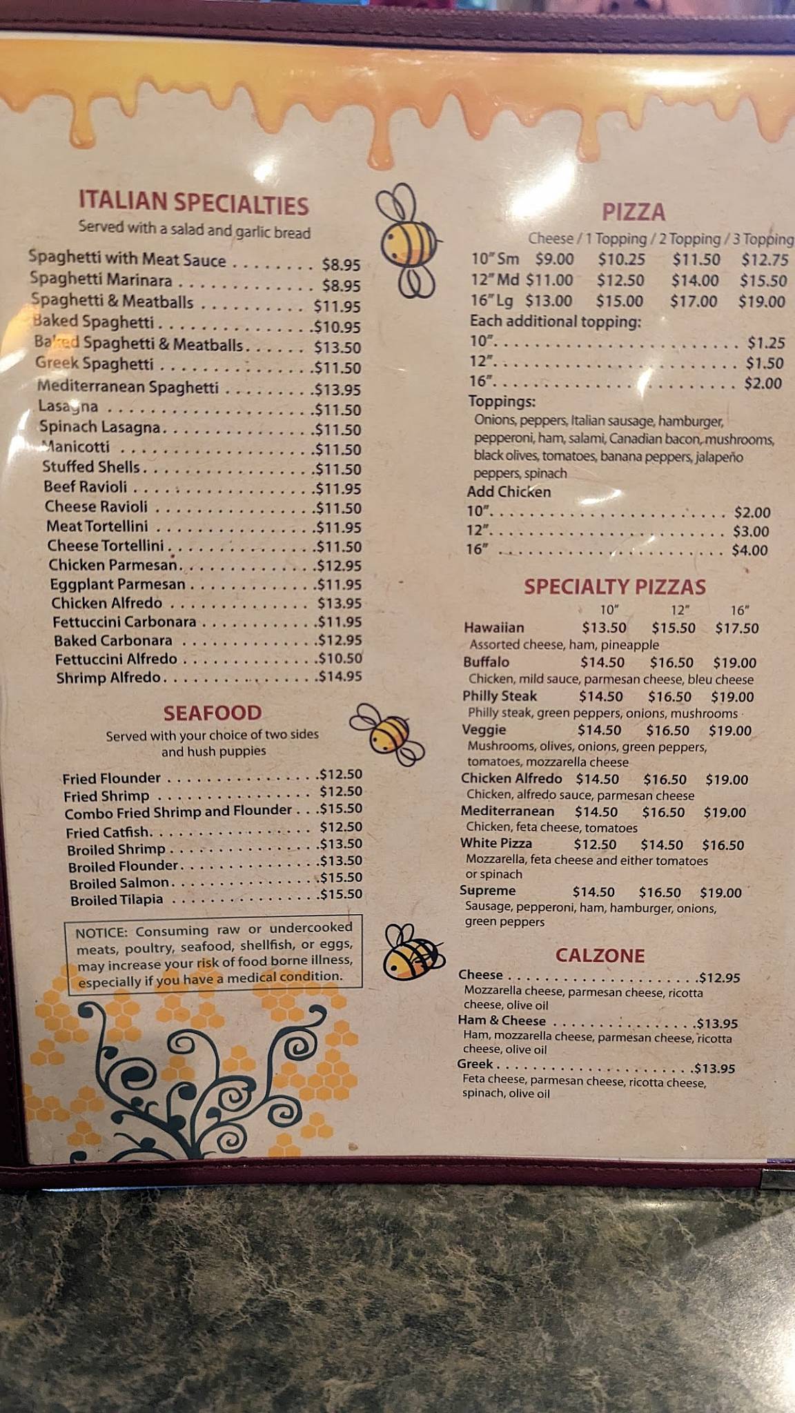 Menu at Silvia's Honey Tree restaurant, Winston-Salem