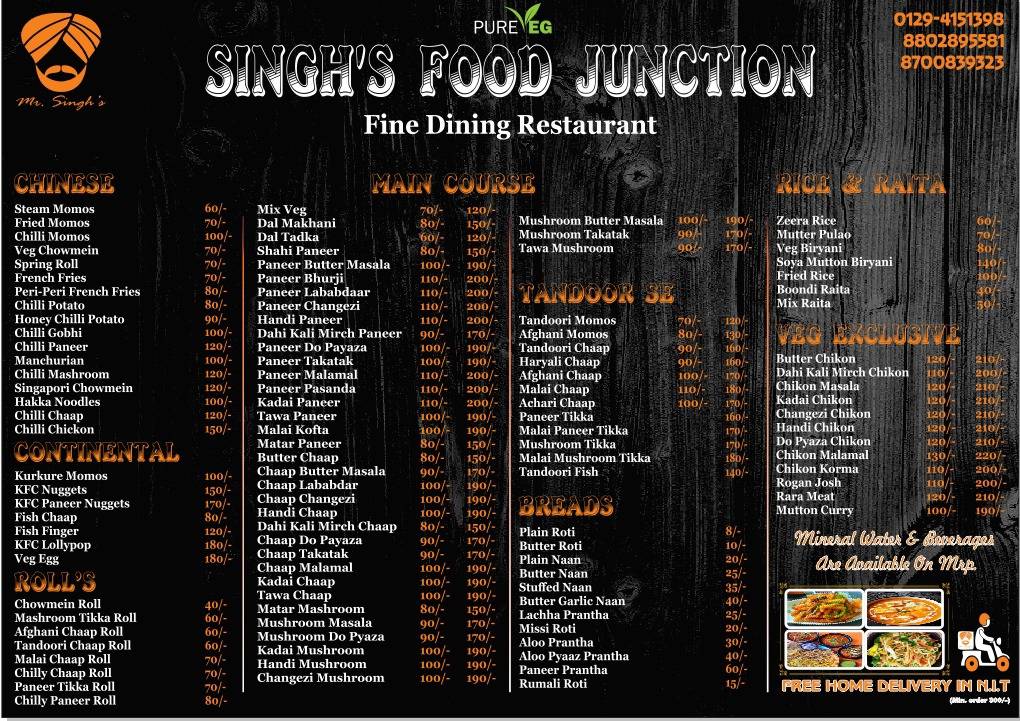 Menu at Singh's food junction, Faridabad