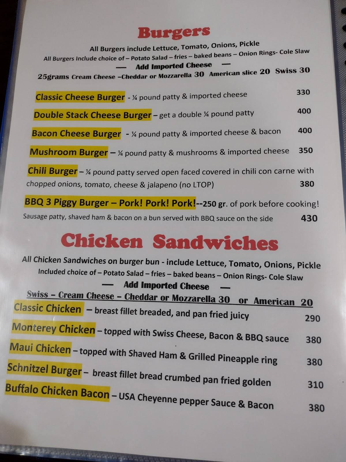 Menu at Sit-n-Bull pub & bar, Olongapo, 58 RH 5 National Hwy