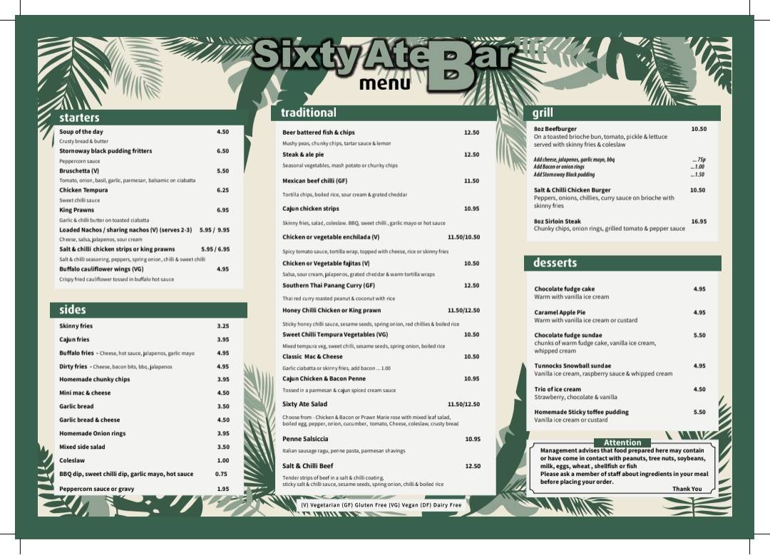 Menu at Sixty Ate Bar and Kitchen, Clydebank