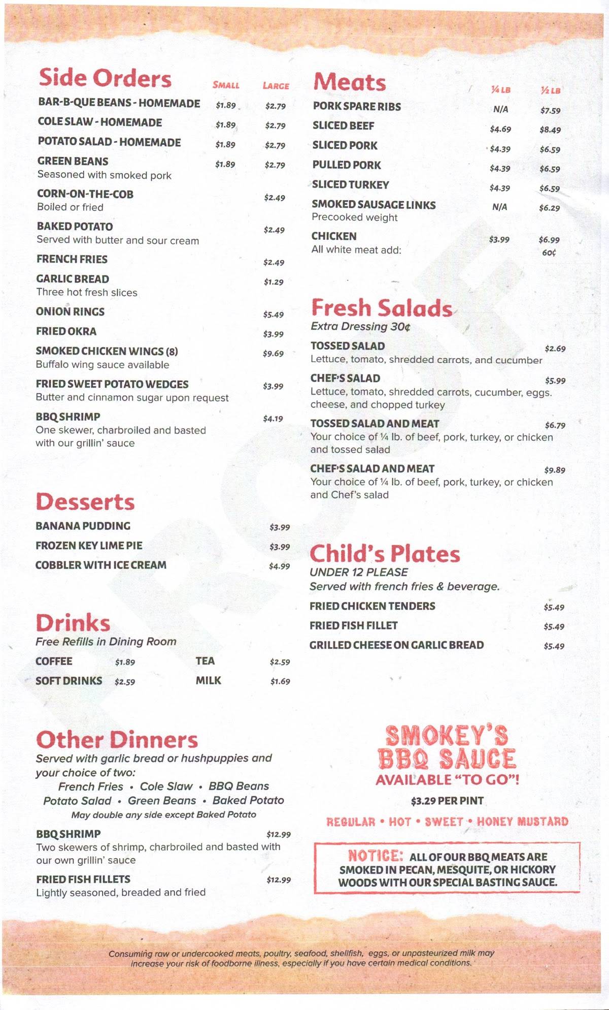 Menu at Smokey's BBQ, Pensacola, Pensacola Blvd