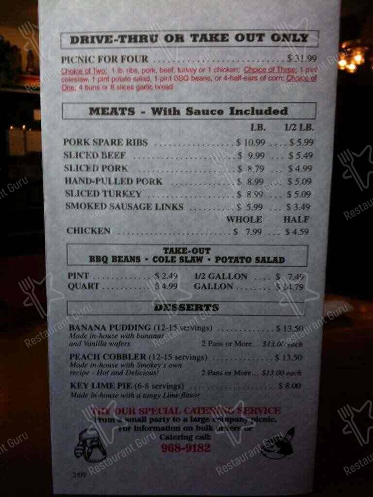Menu at Smokey's BBQ, Pensacola, Pensacola Blvd