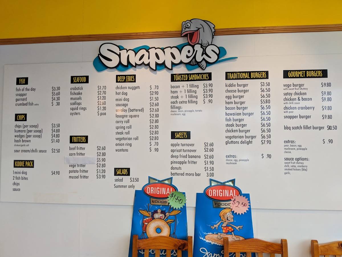 Menu at Snappers Fish and Chips restaurant, New Plymouth