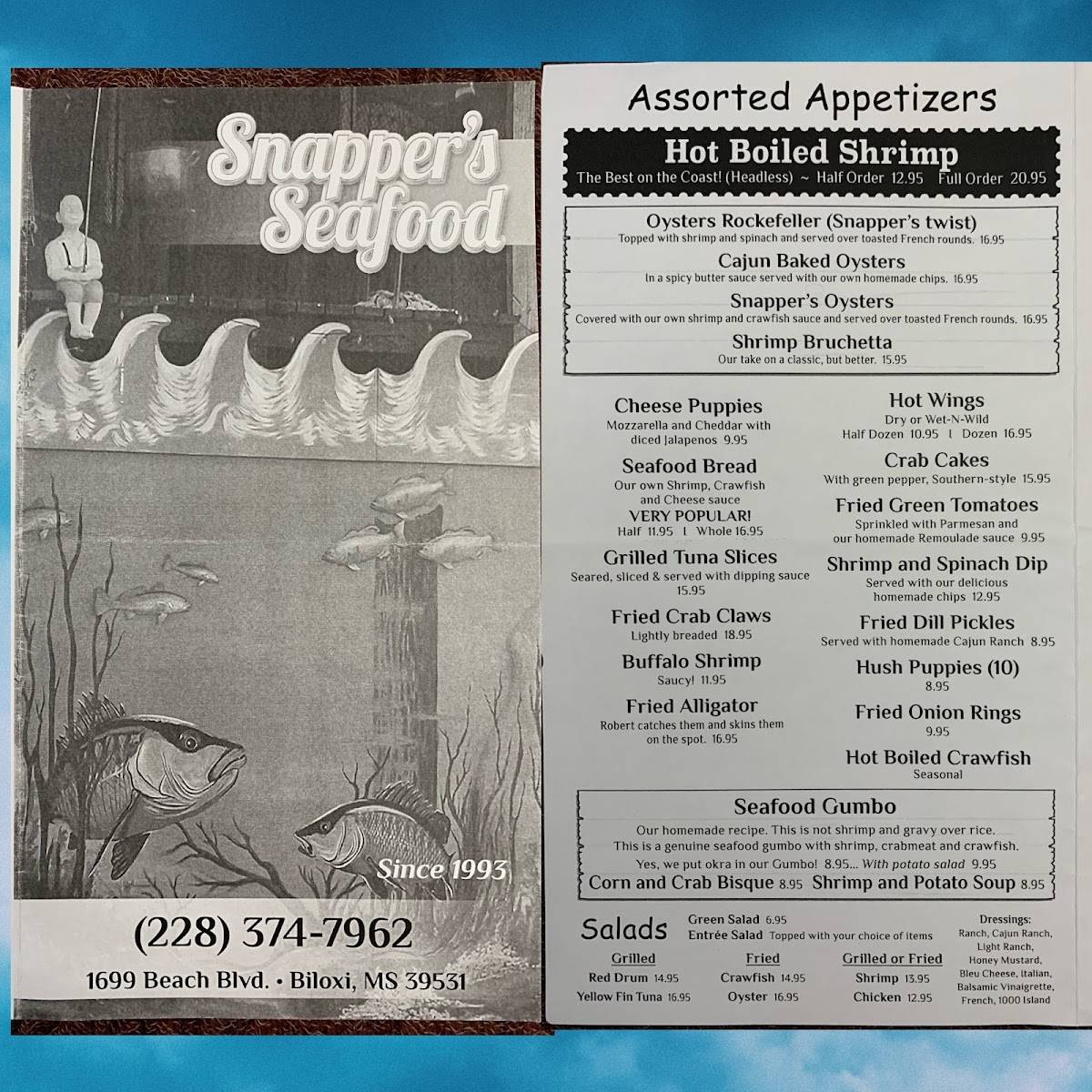 Menu at Snapper's Seafood restaurant, Biloxi, Beach Blvd