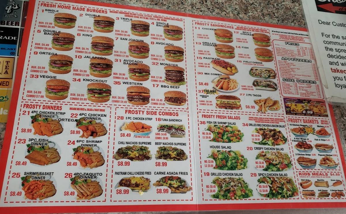 Menu at Sno-White Drive In restaurant, Tulare
