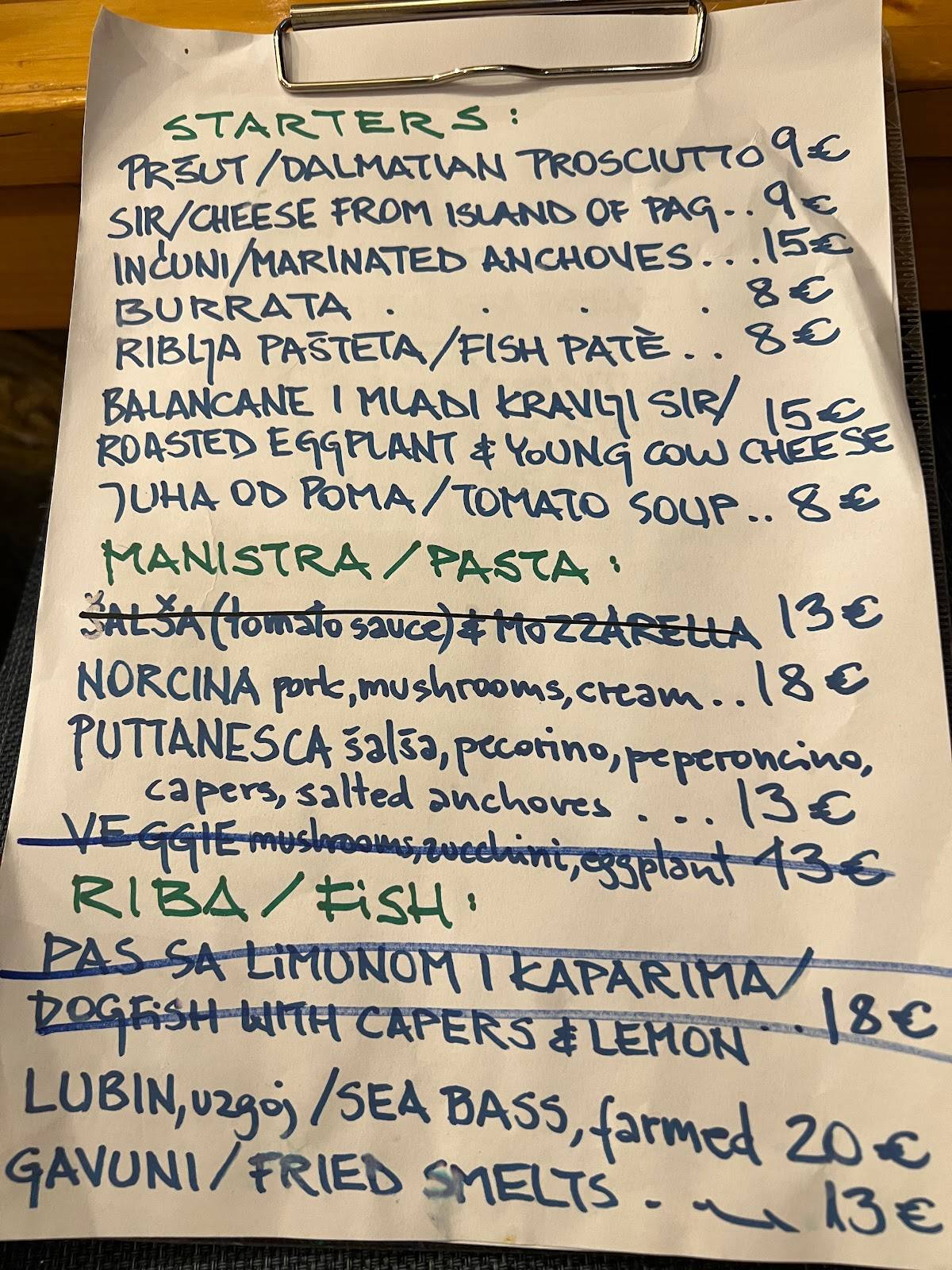 Menu at Villa Spiza restaurant, Split