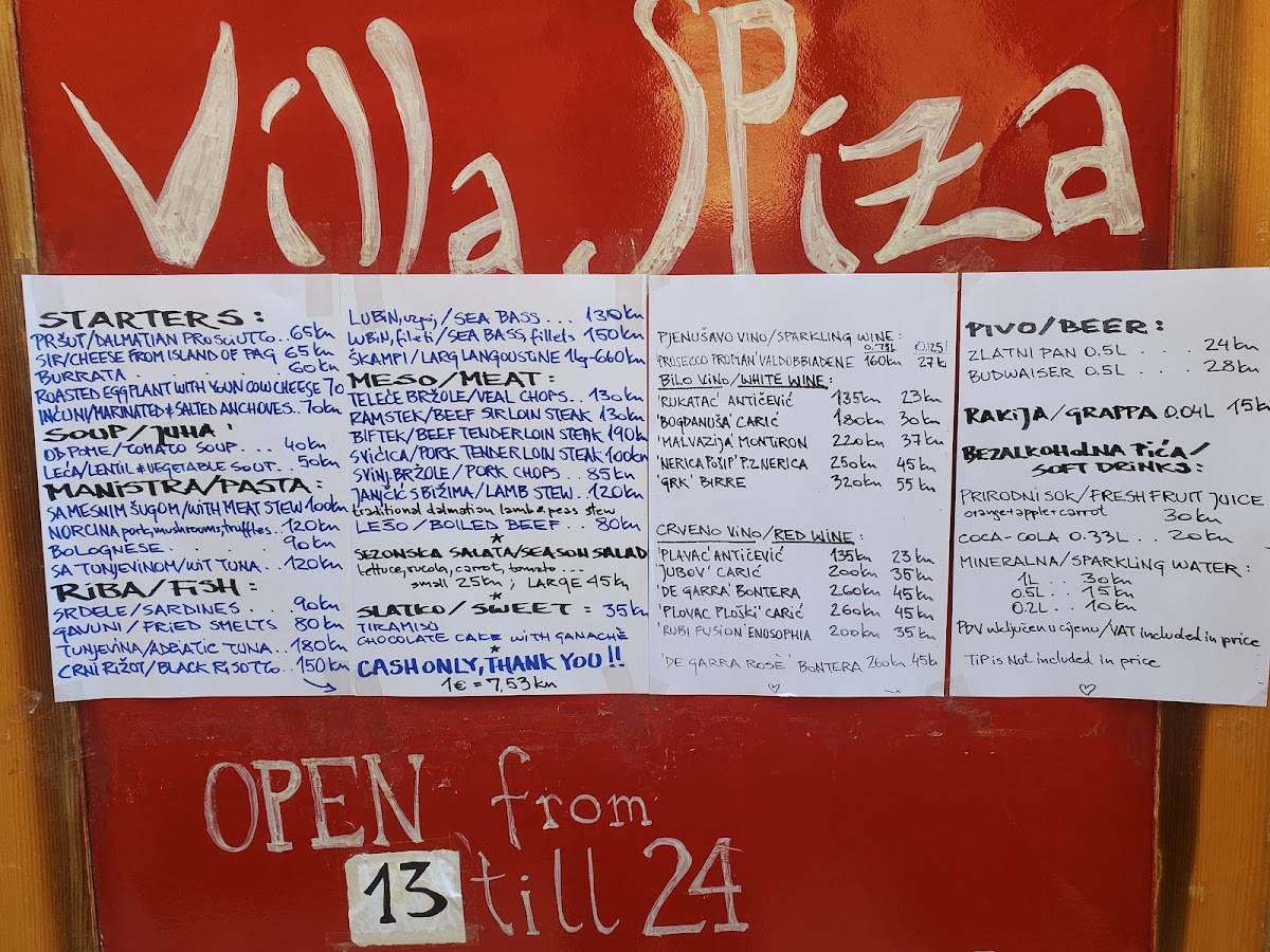 Menu at Villa Spiza restaurant, Split