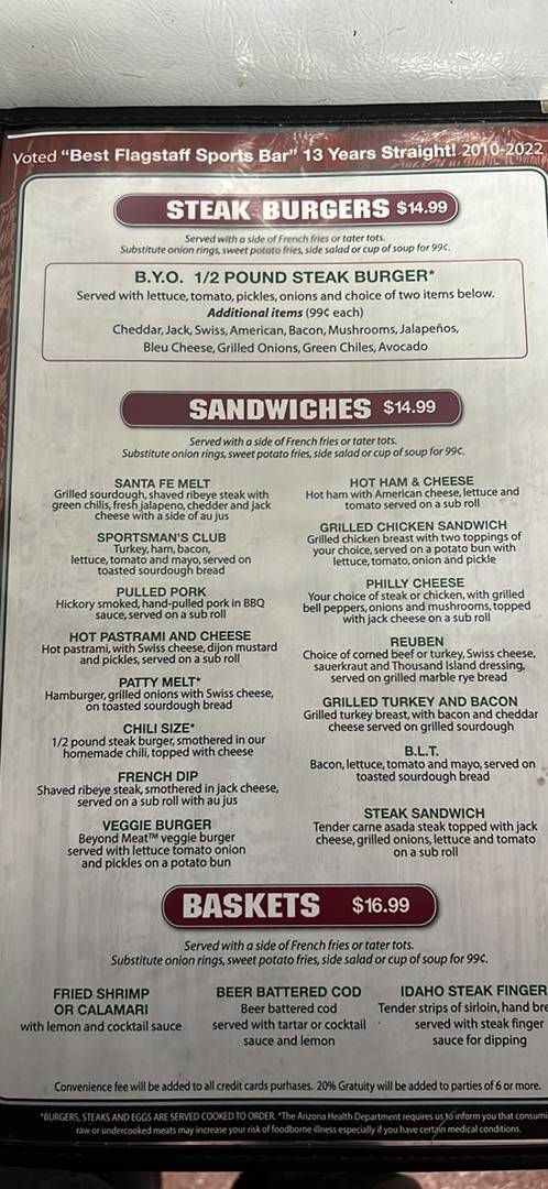 Menu at Sportsman's Bar & Grill, Flagstaff, N Humphreys St
