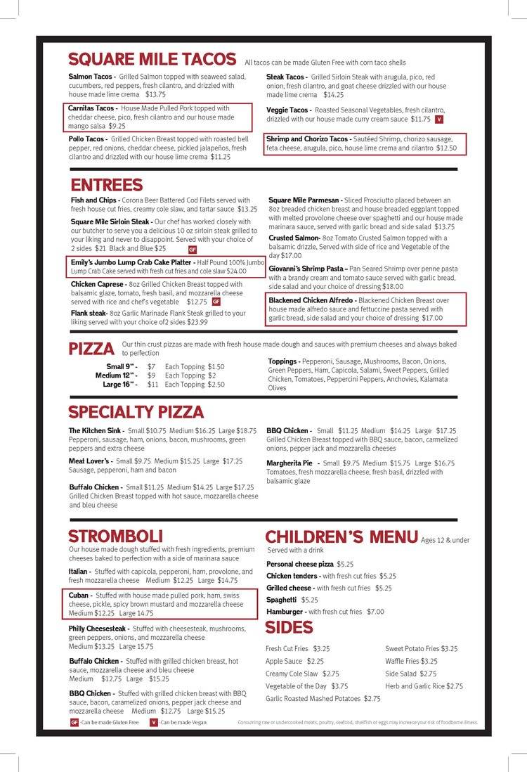 Menu at Square Mile Public House, Mountville