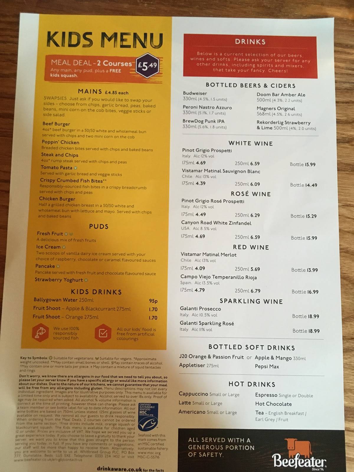 Menu at Starting Gate Beefeater restaurant, Hereford