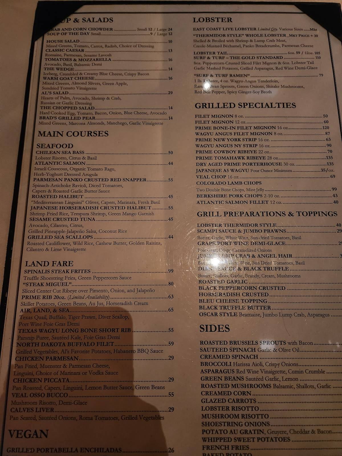Menu at Al Biernat's steakhouse, Dallas