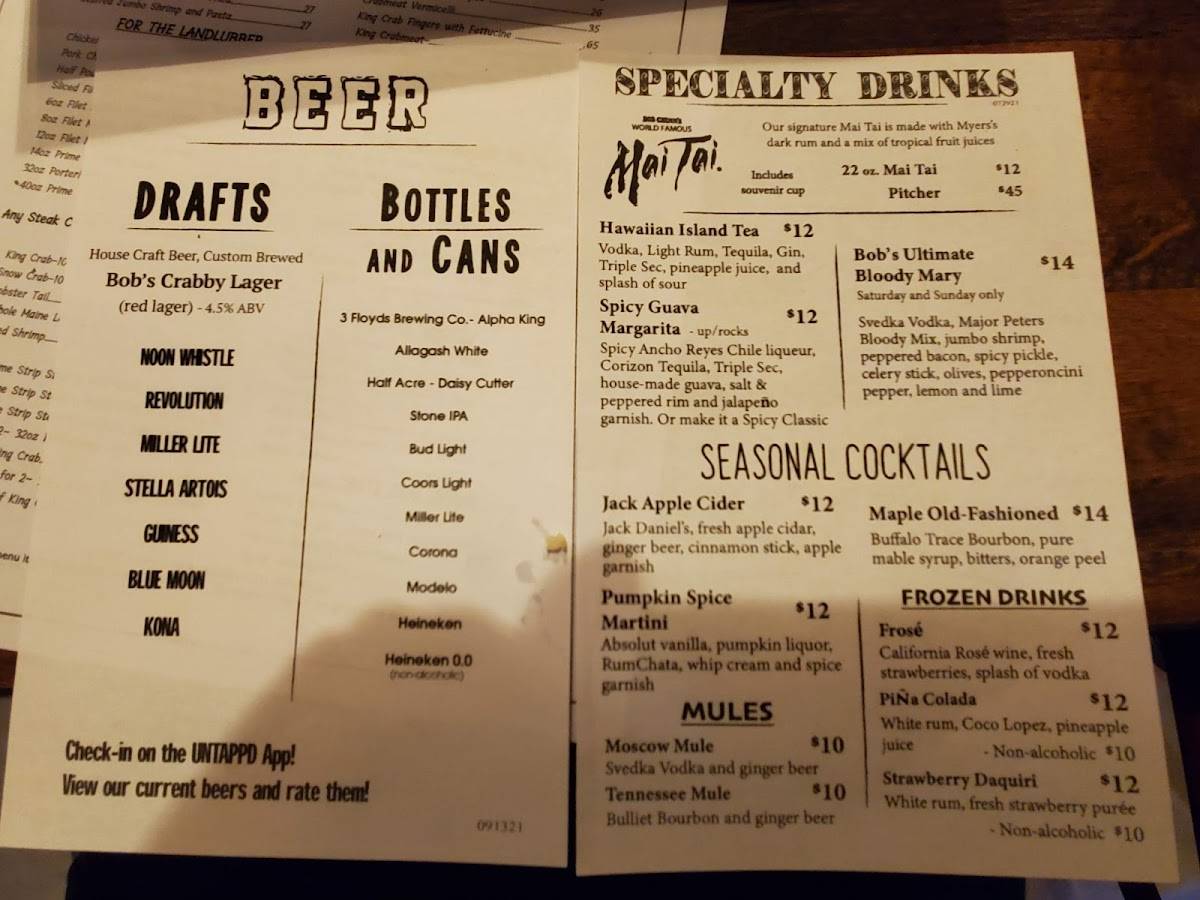 Menu at Bob Chinn's Crab House steakhouse, Wheeling