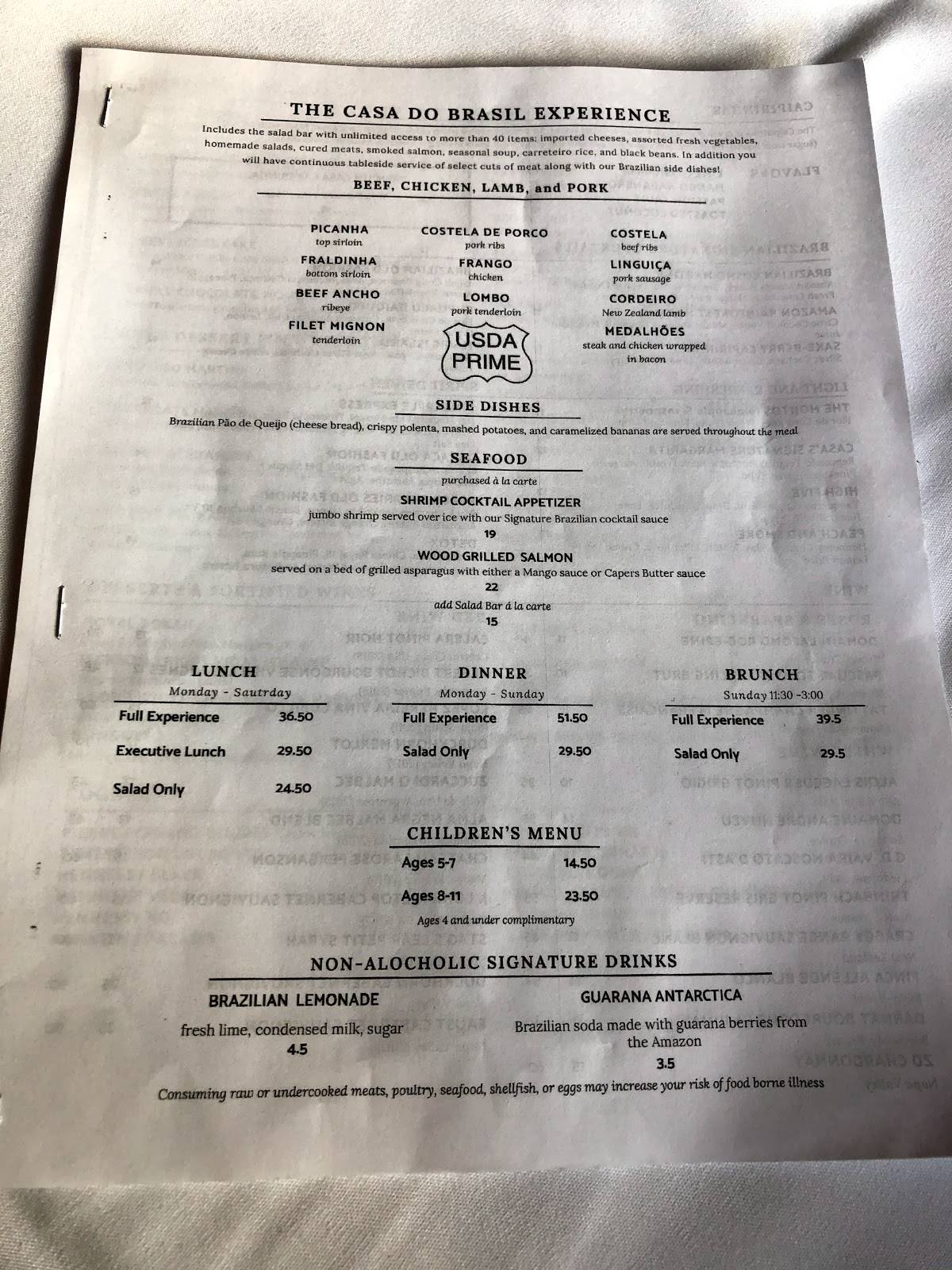 Menu at Casa do Brasil steakhouse, Houston