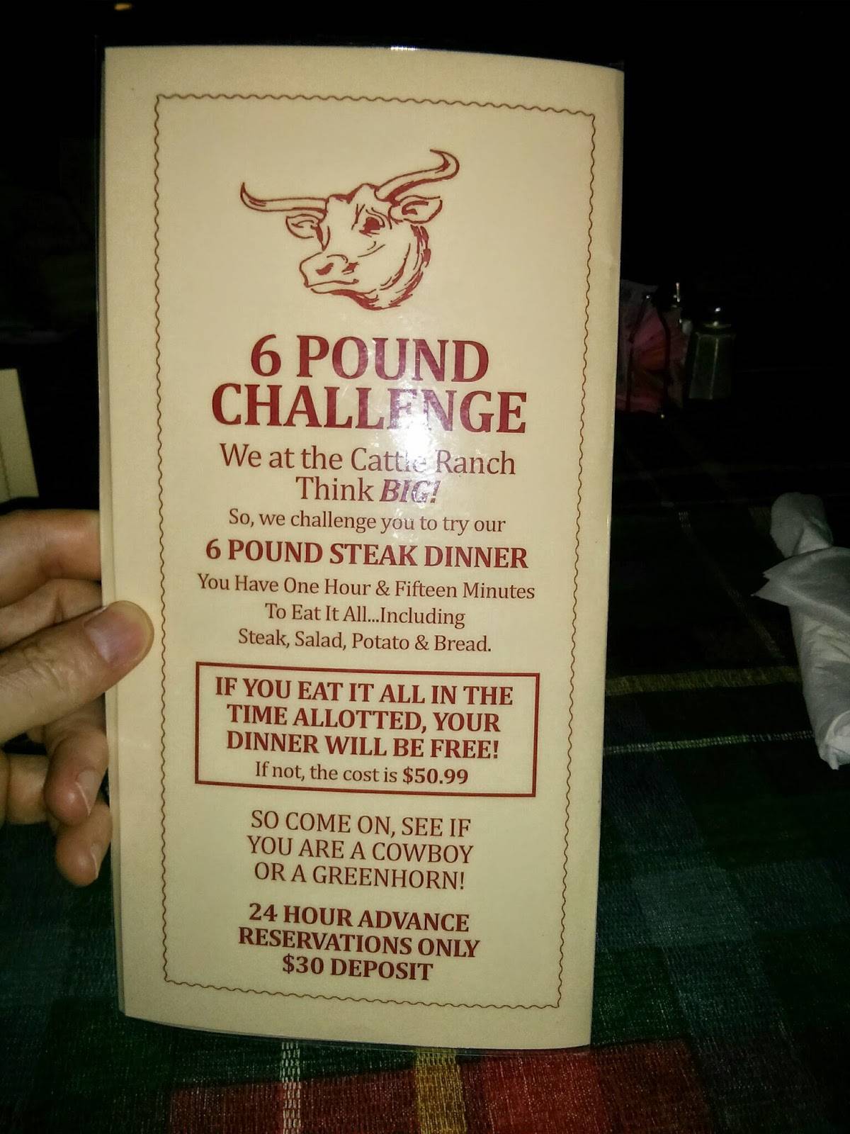 Menu at Cattle Ranch steakhouse, Sanford, Sanford Ave