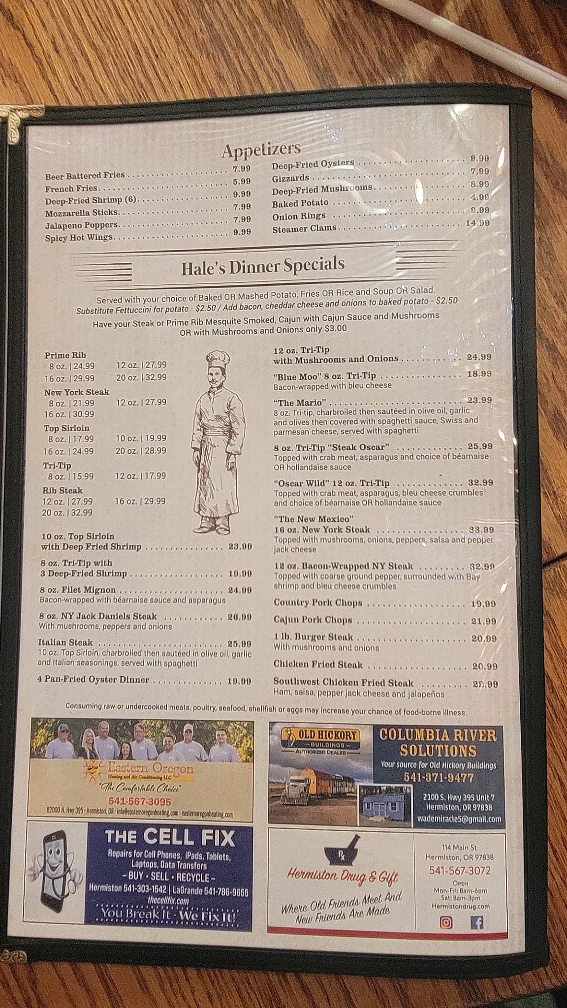 Menu at Hale's Tavern steakhouse, Hermiston