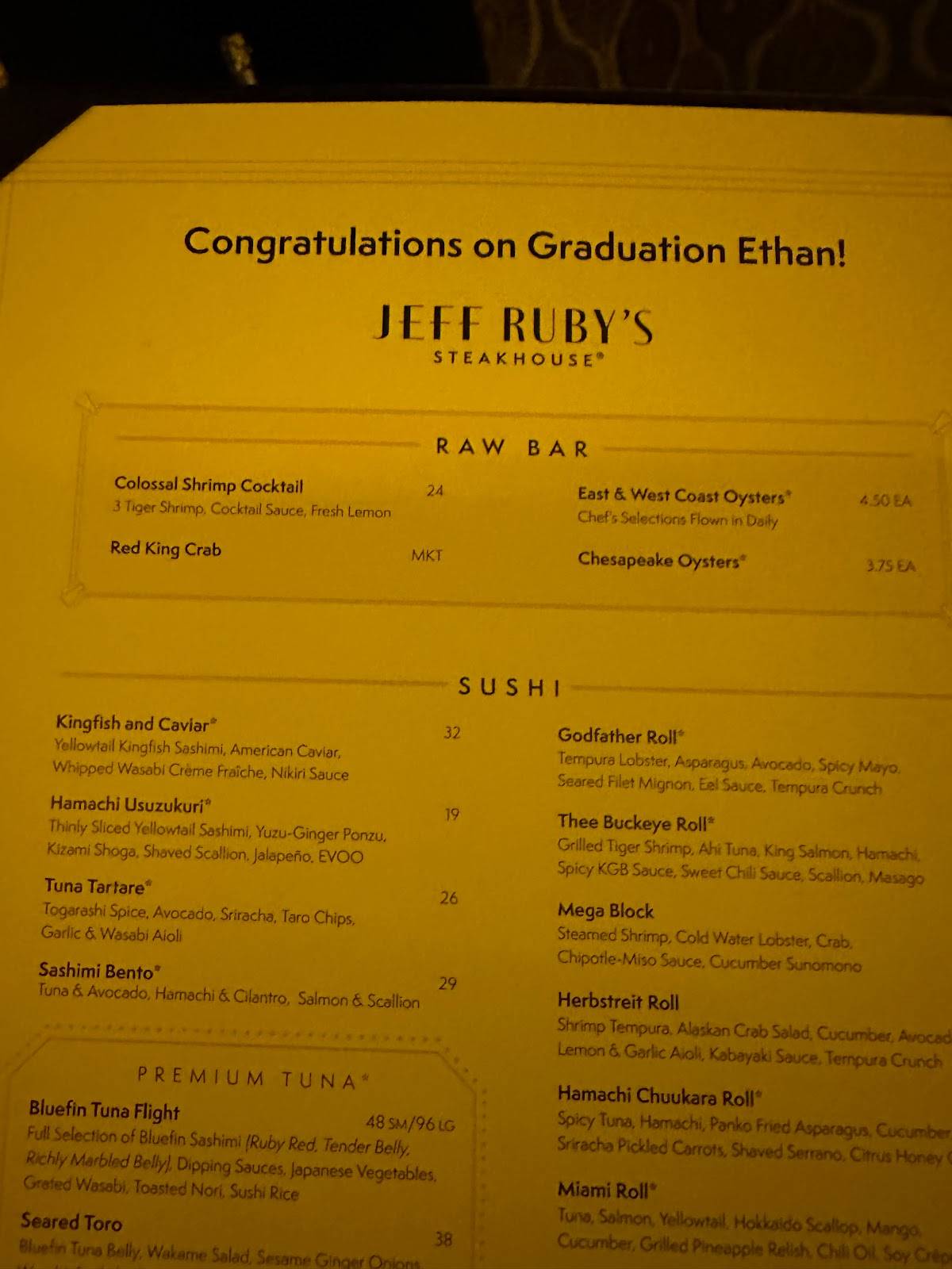 Menu at Jeff Ruby's Steakhouse, Columbus, Columbus