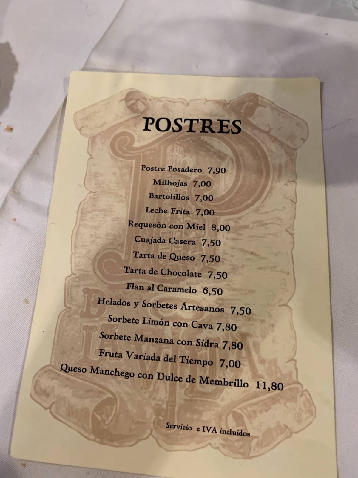 Menu at Posada de la Villa steakhouse, Madrid