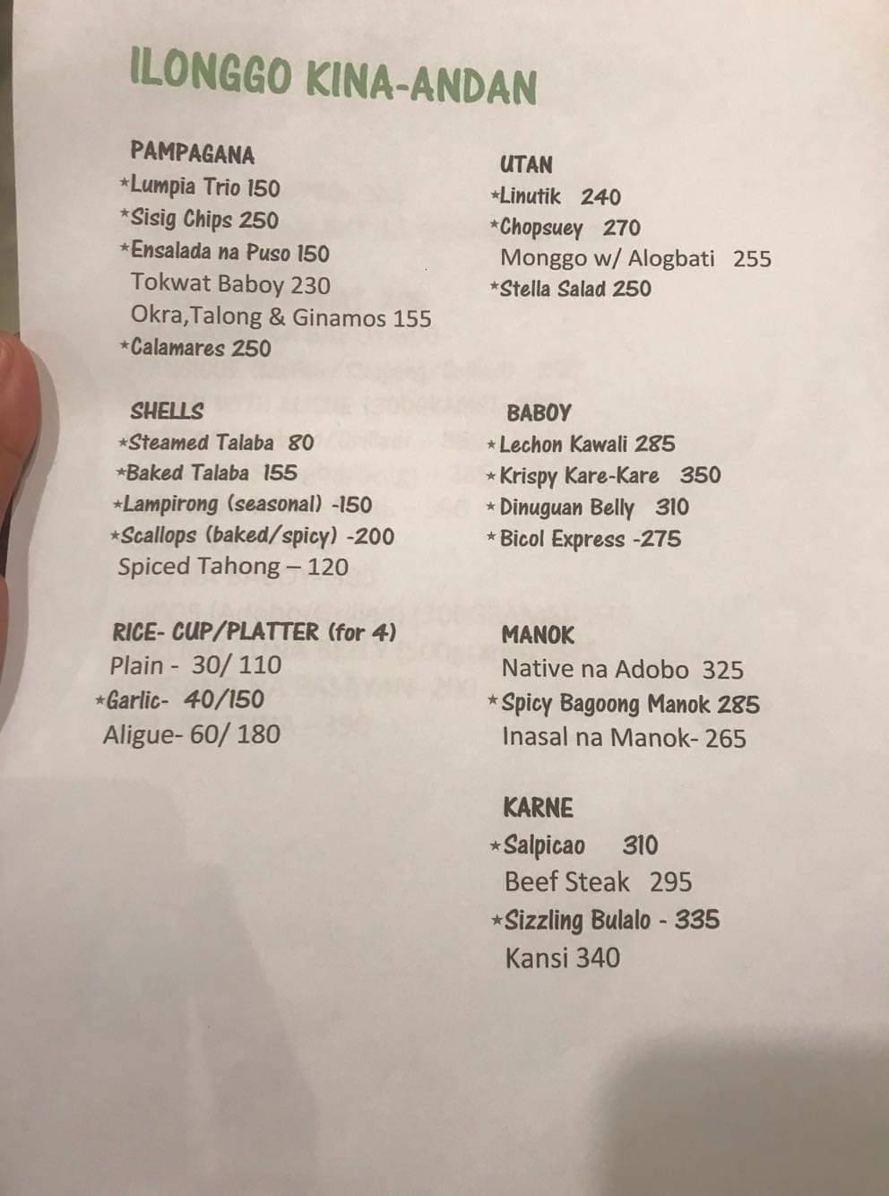 Menu at Stella restaurant, Iloilo City