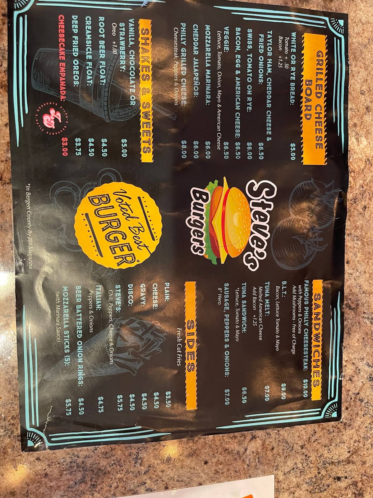 Menu at Steve's Burgers restaurant, Garfield, 68 Passaic St