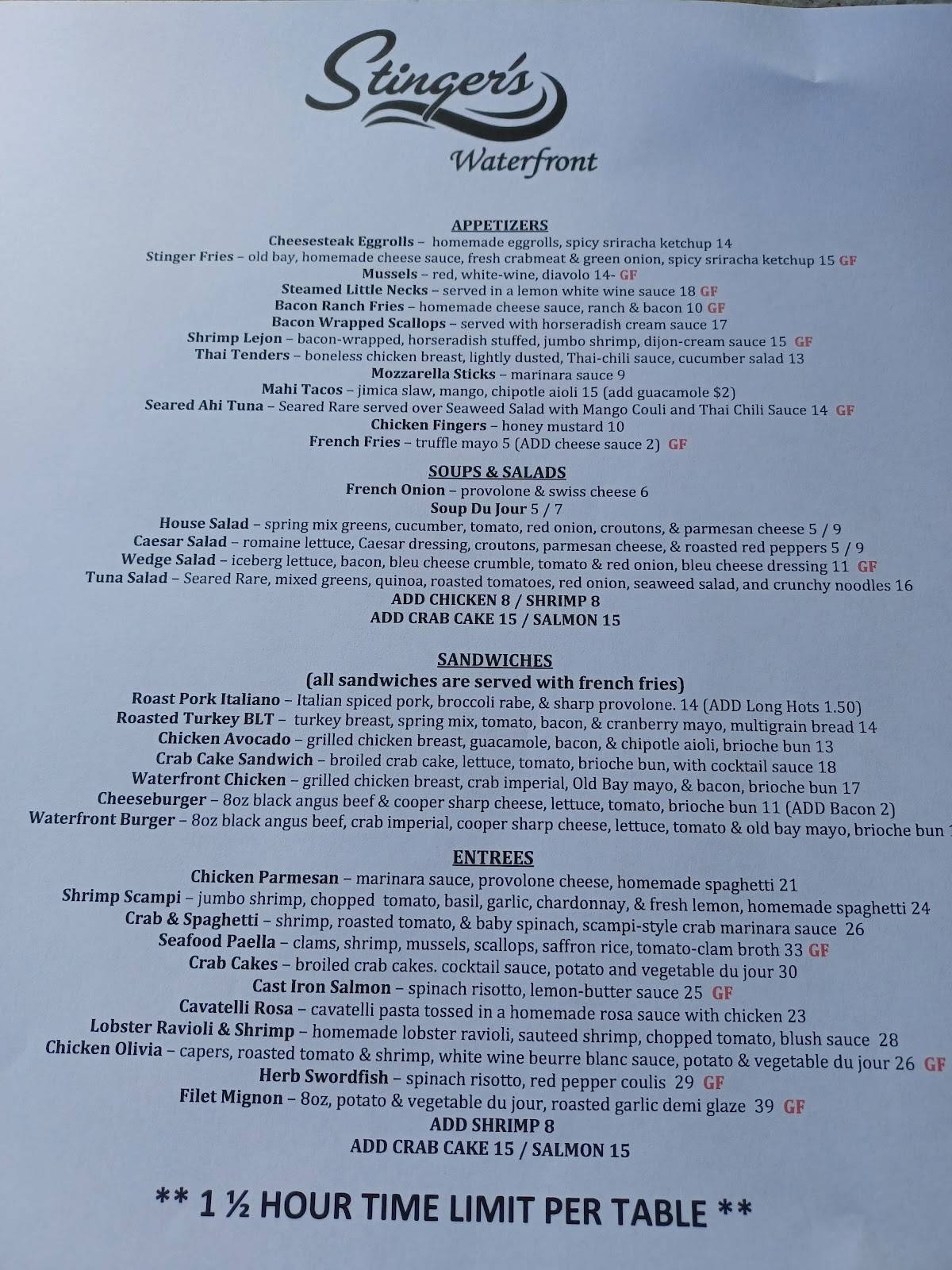 Menu at Stinger's Waterfront pub & bar, Ridley Park