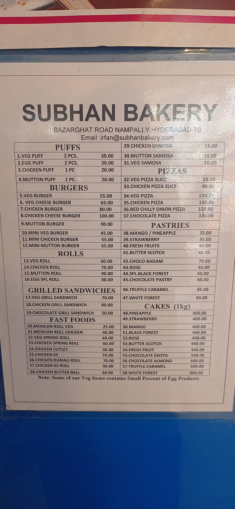 Menu at Subhan Bakery, Hyderabad, 11-6-467