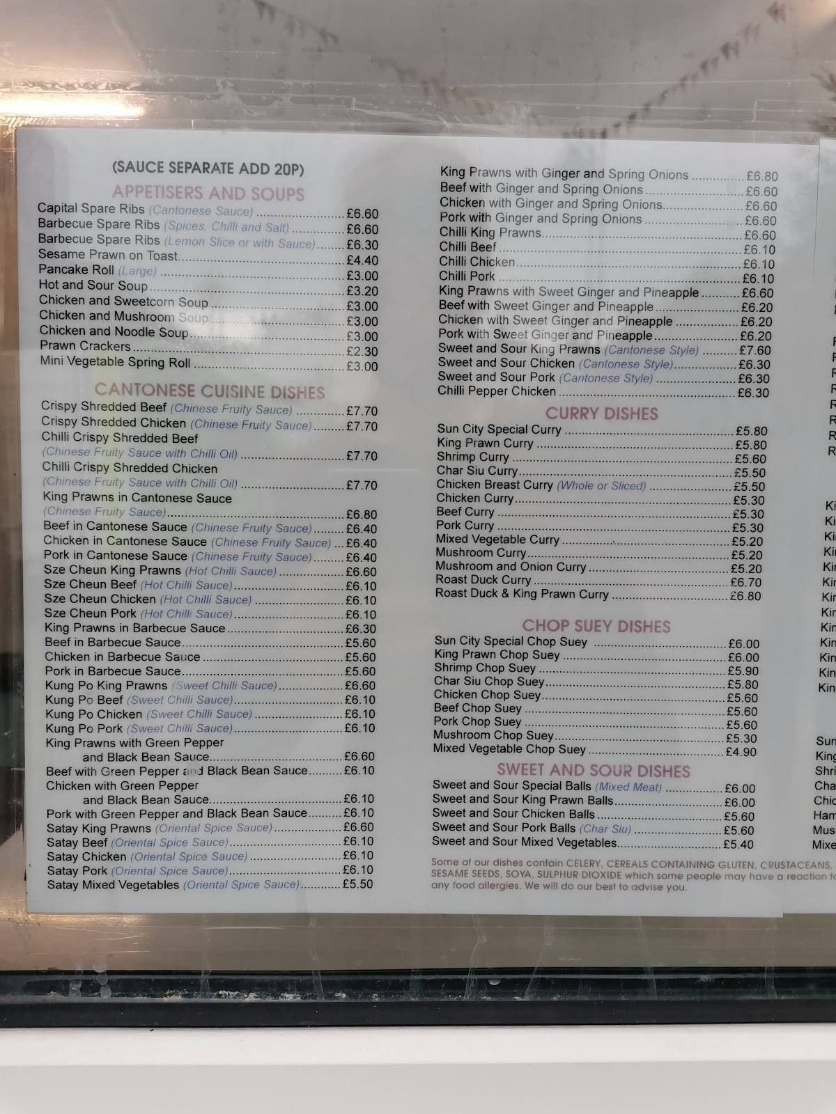 Menu at Sun City restaurant, Talgarth