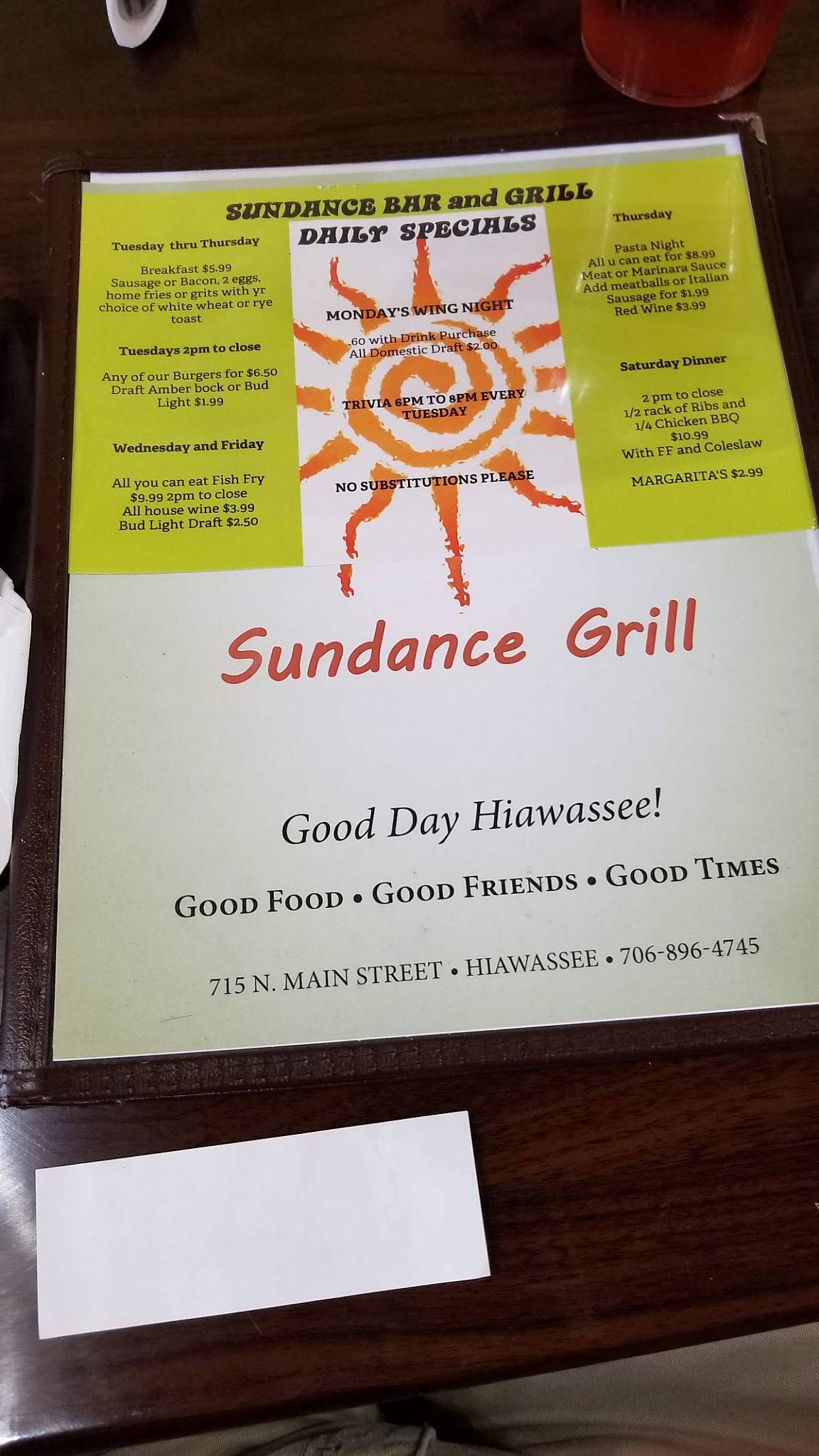 Menu at Sundance Grill restaurant, Hiawassee