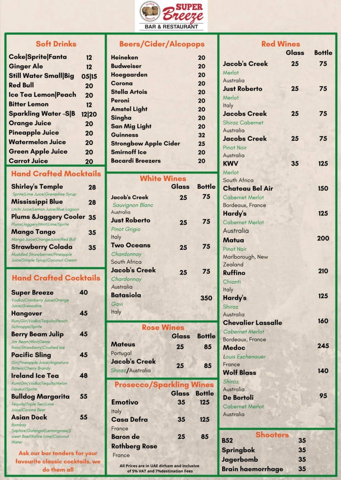 Menu at Super Breeze Bar & Restaurant, Al Jazirah Al Hamra
