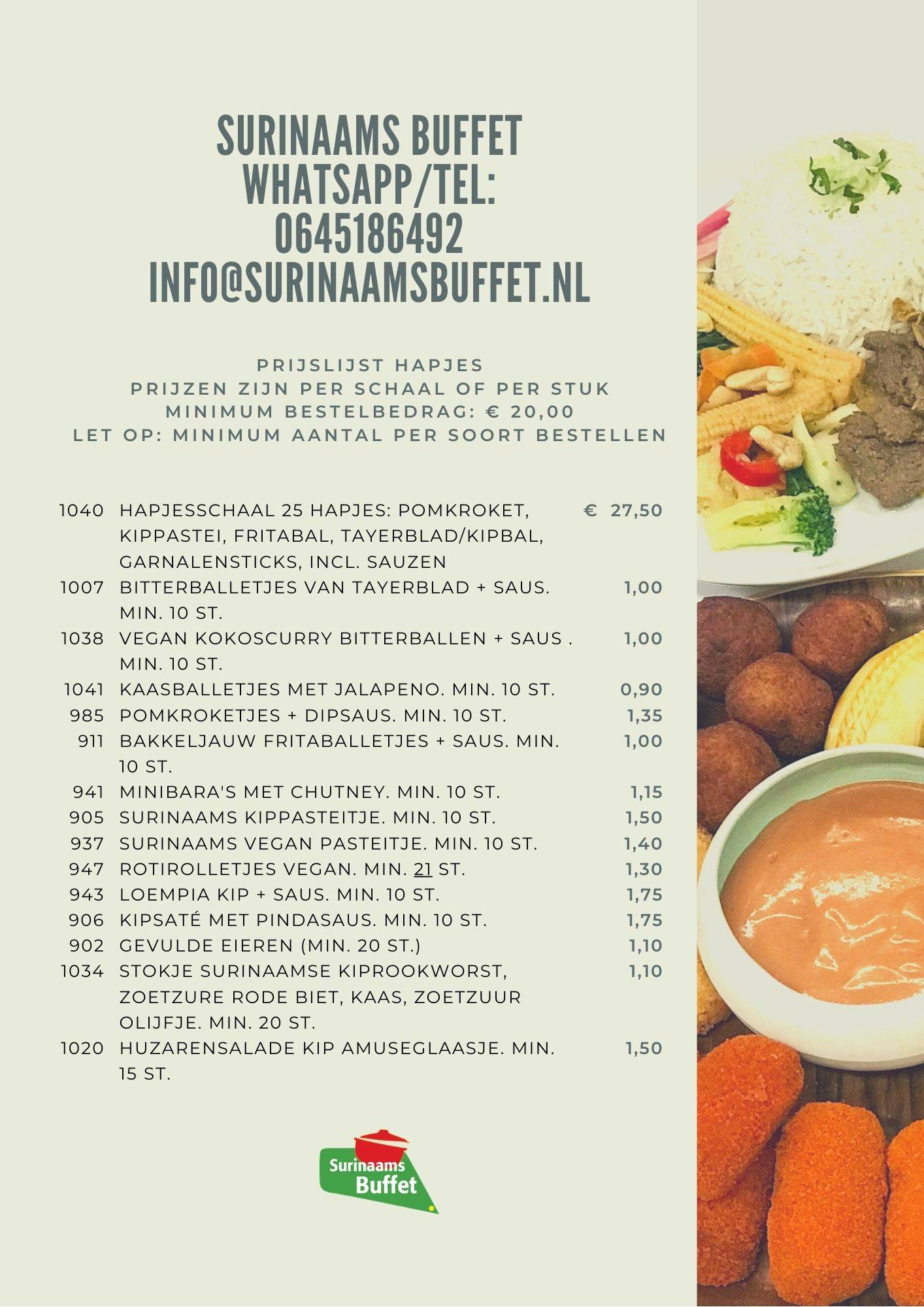 Speisekarte von Surinaams Buffet Catering, Amsterdam