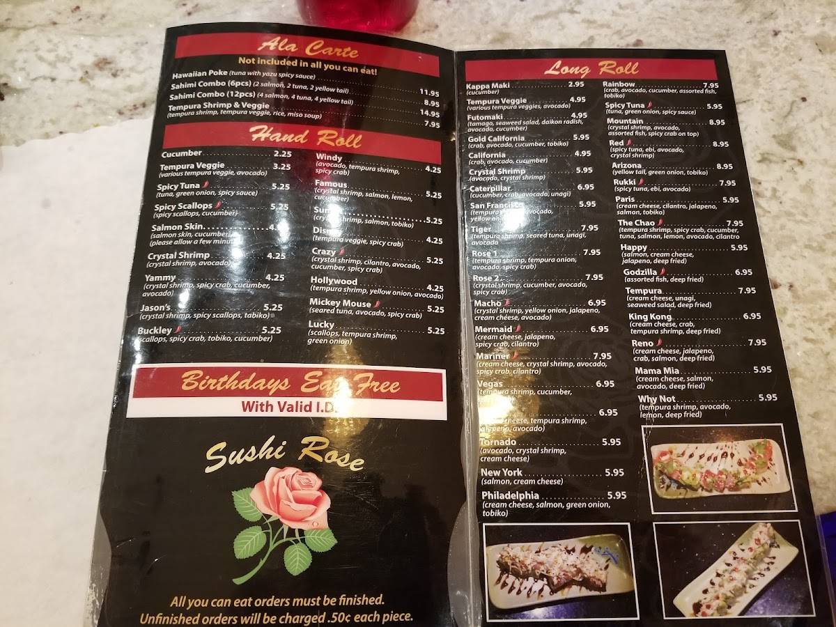 Menu at Sushi Rose restaurant, Reno, Sierra Highlands Dr Ste B147A