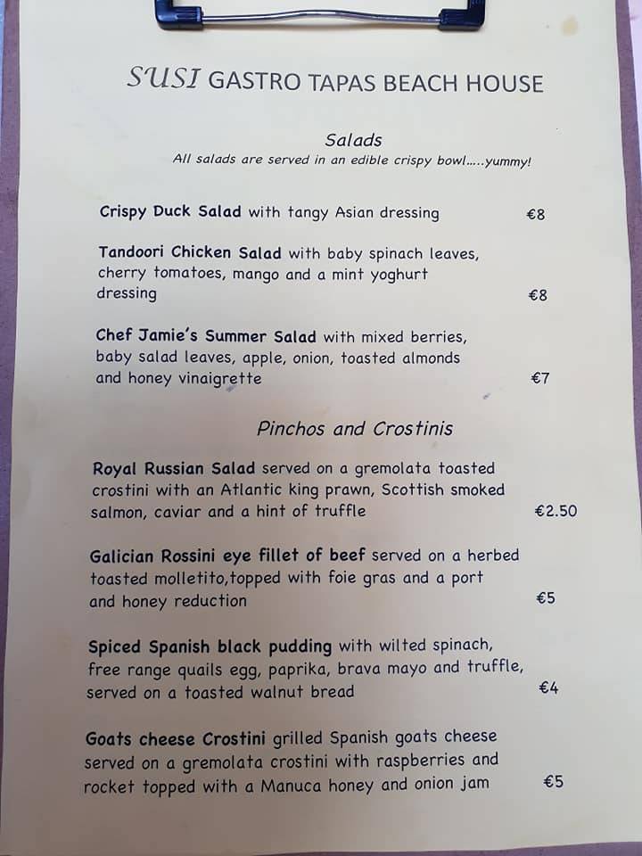 Menu at Susi GastroTapas Beach House pub & bar, San Luis de Sabinillas