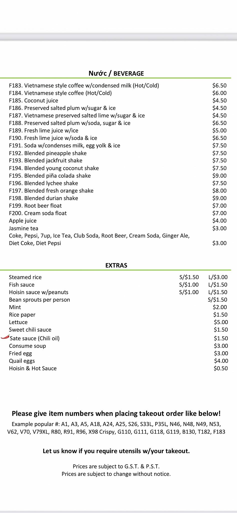 Menu at T.H. Dang Restaurant, Winnipeg