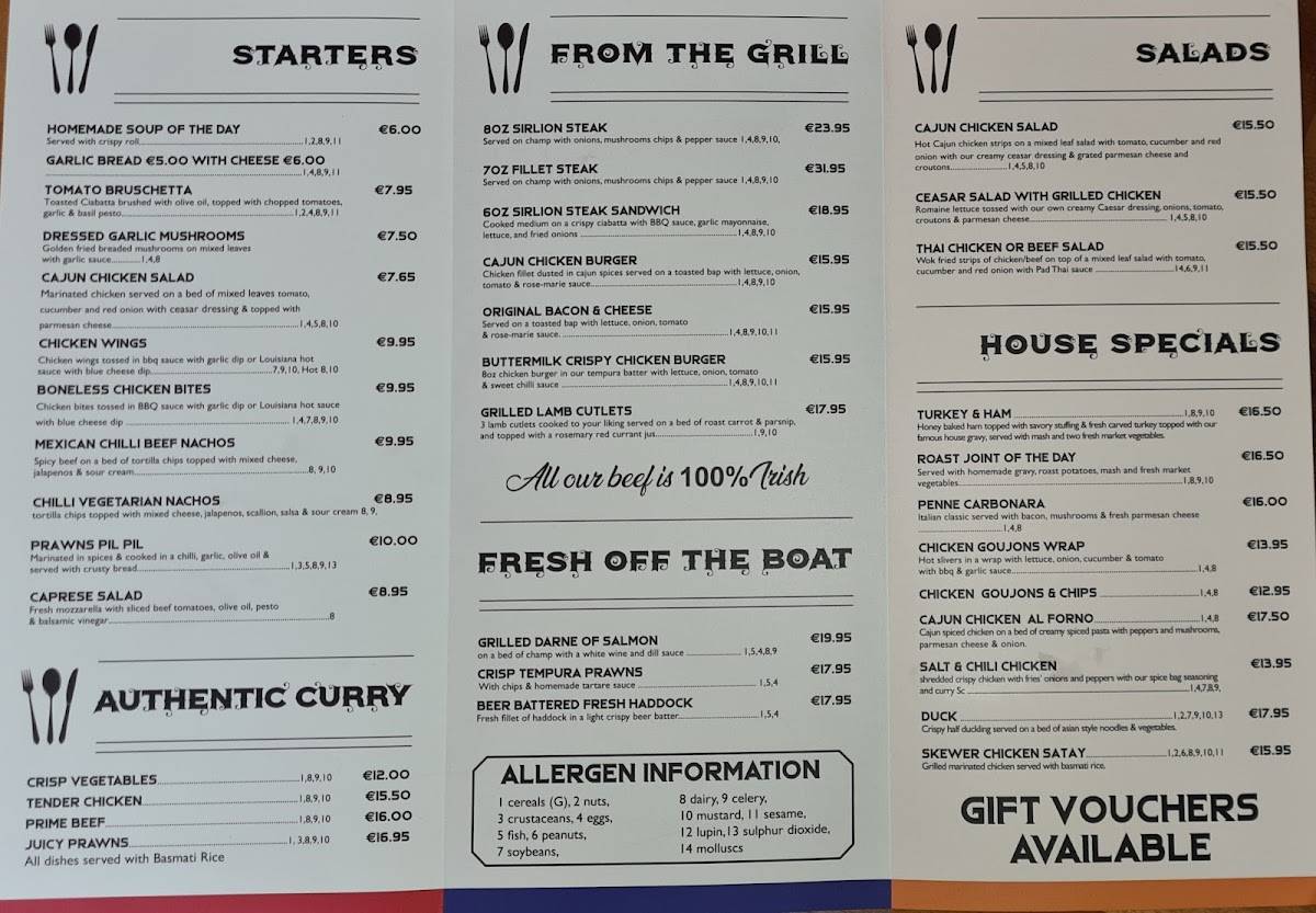 Menu at THE TREETOP RESTAURANT / THE STEERING WHEEL BAR, Clondalkin