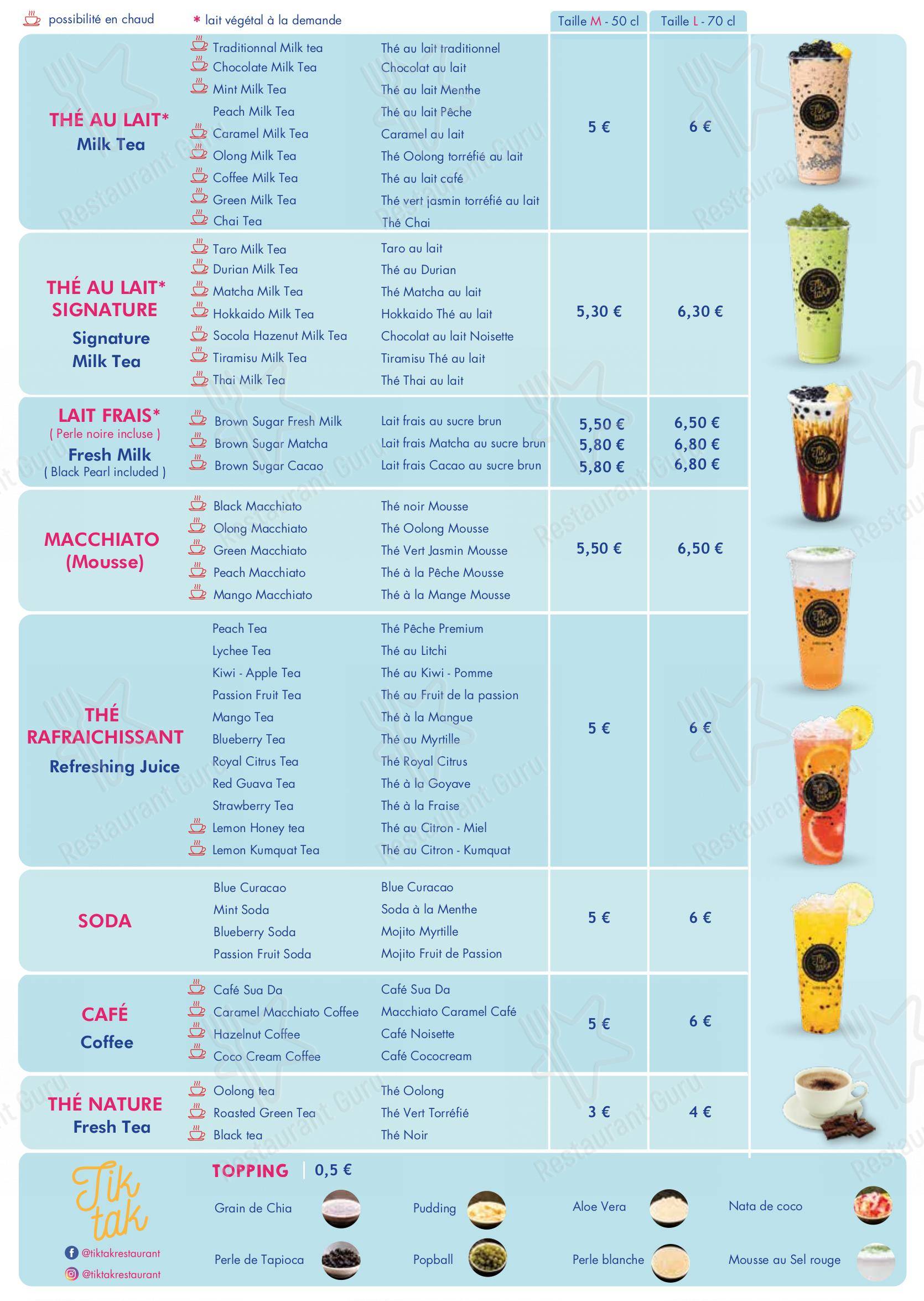Menu au Tiktak Centre Ville | Restaurant - Bubble Tea, Nantes