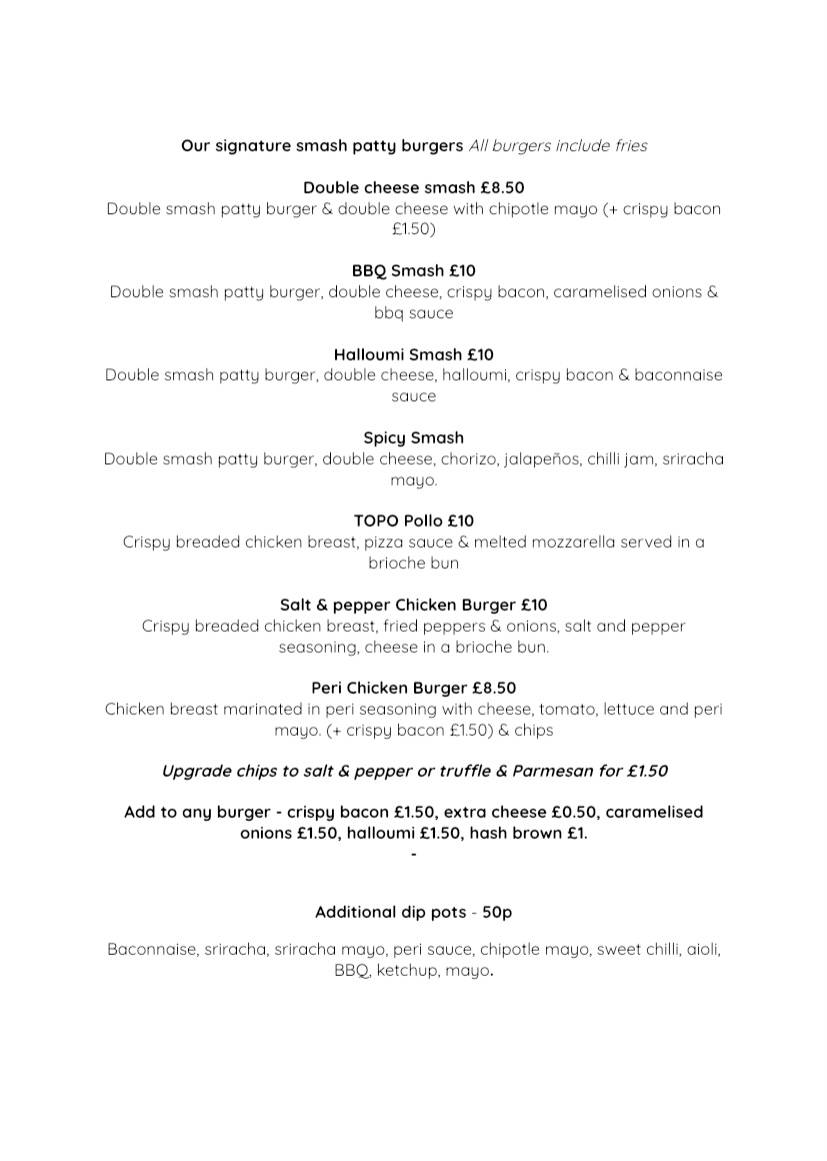 Menu at TOPO restaurant, Blackpool