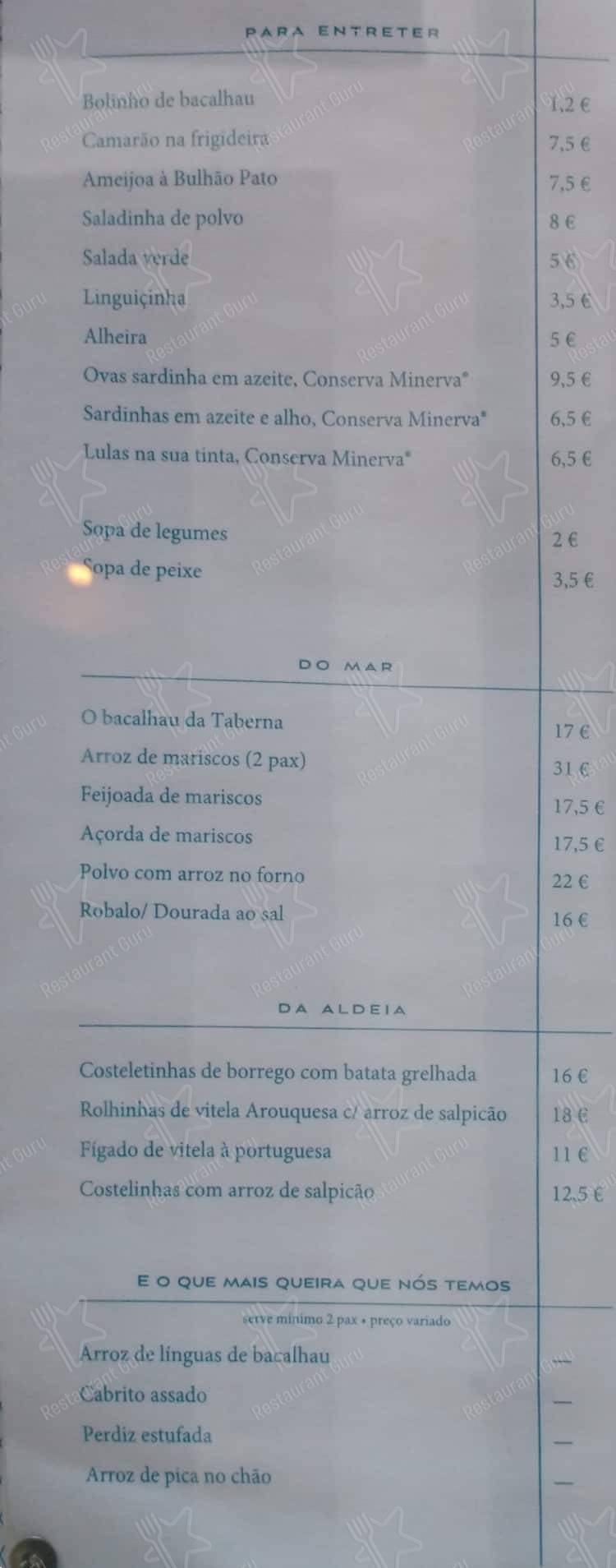 Menu at Taberna Dos Mercadores restaurant, Porto