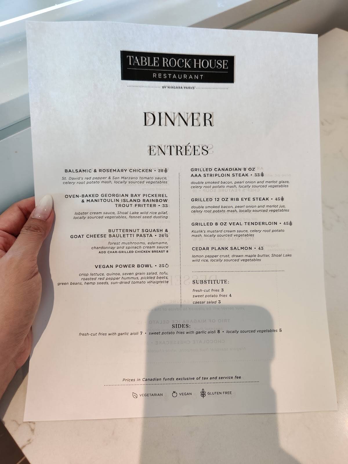 Menu at Table Rock House Restaurant, Niagara Falls