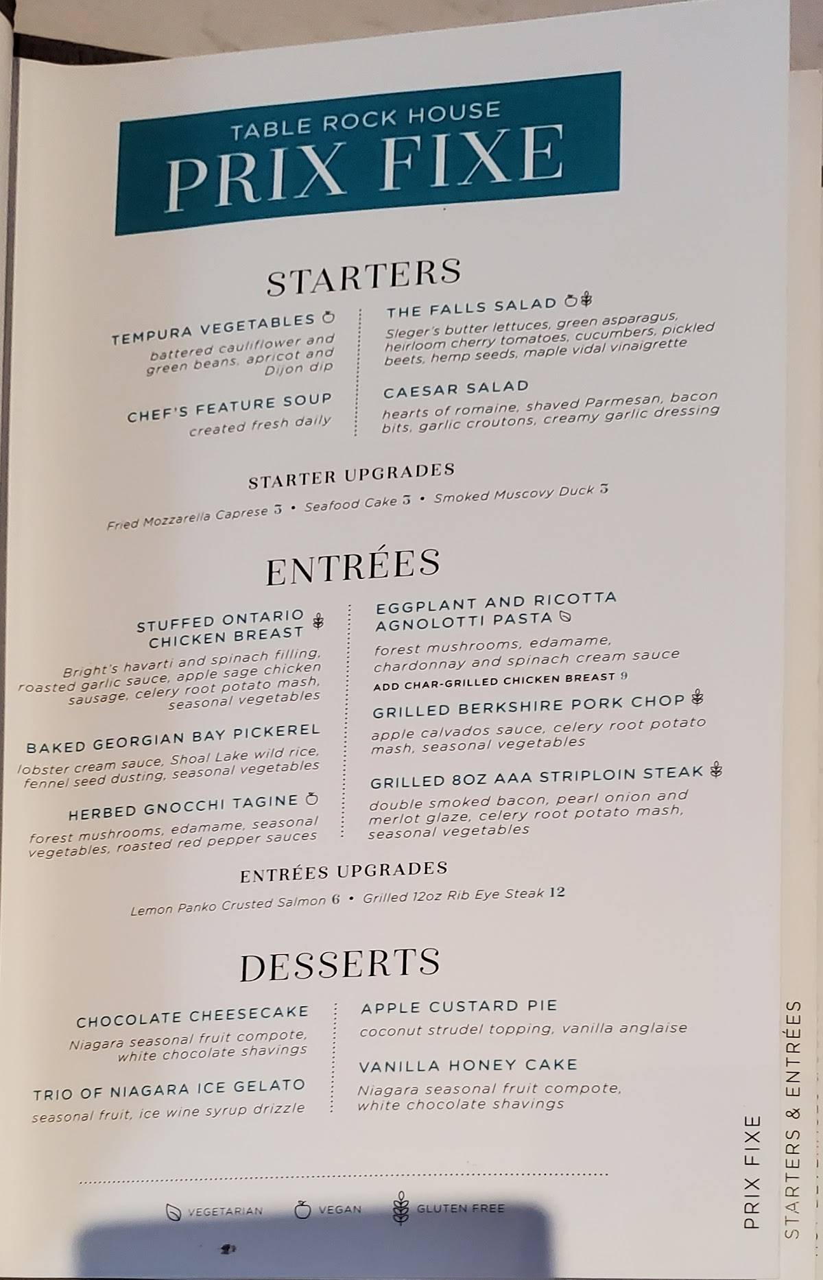 Menu at Table Rock House Restaurant, Niagara Falls